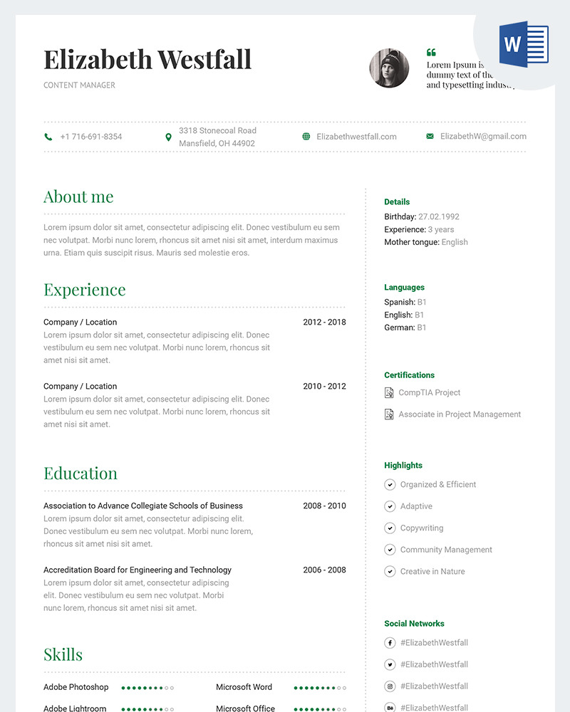 Elizabeth Westfall - Content Manager Resume Template