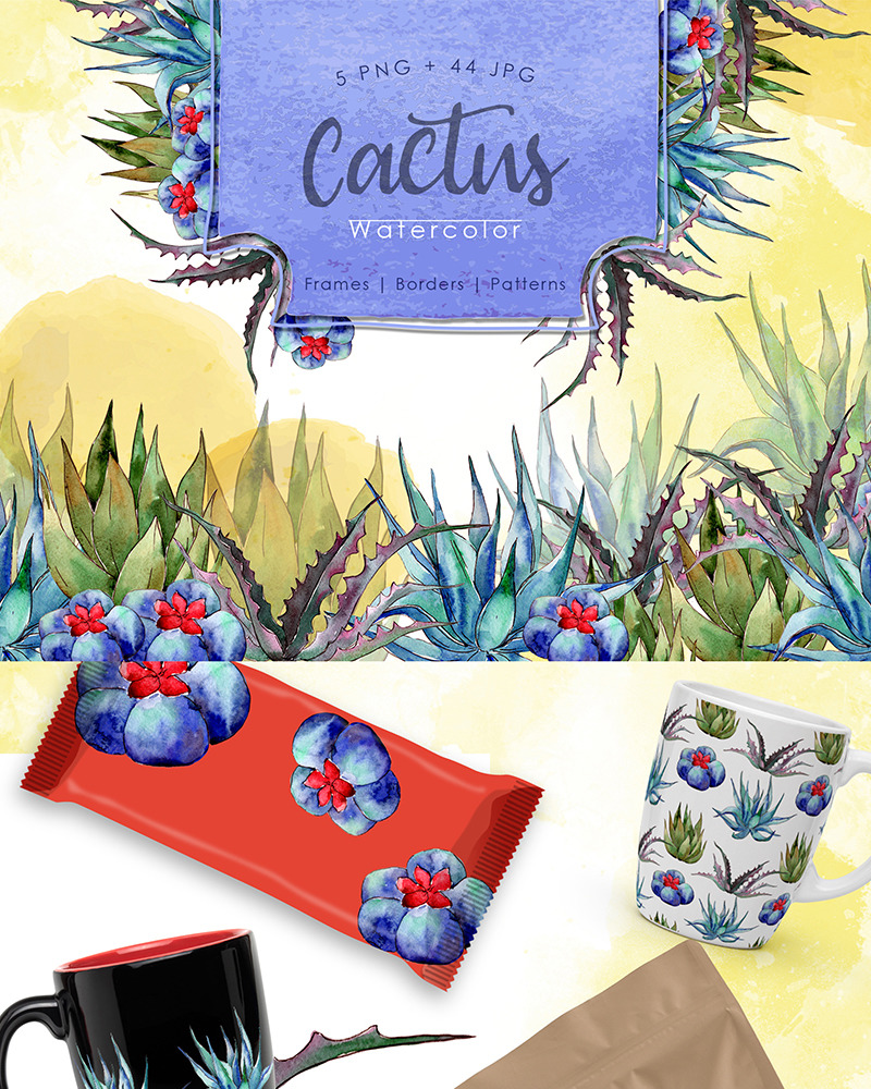 Cool green cactus PNG watercolor set - Illustration
