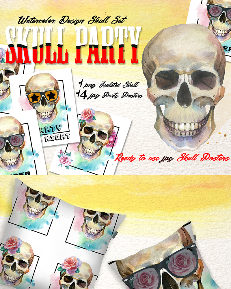 Skull Party Print PNG Watercolor Set - Illustration