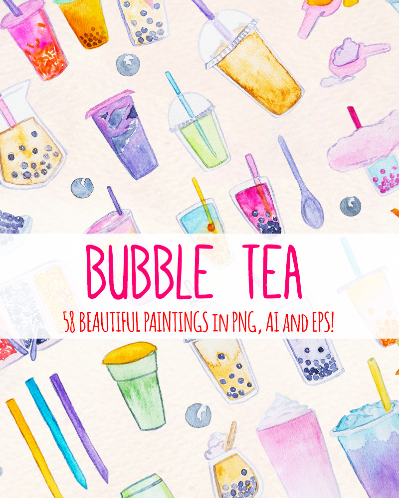Bubble Tea Watercolor Graphics 58 Clip Art Images - Illustration