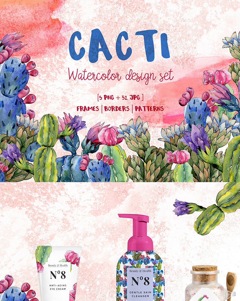Cool Cacti Tropical flower PNG Watercolor Set - Illustration