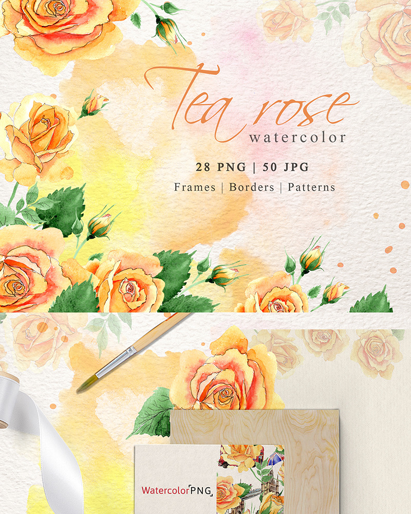 Watercolor Tea Yellow Rose Png Set - Illustration