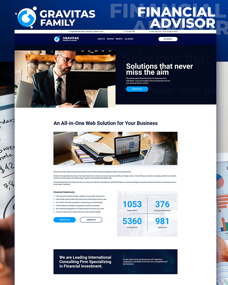 Gravitas - Financial Advisor MotoCMS 3 Landing Page Template