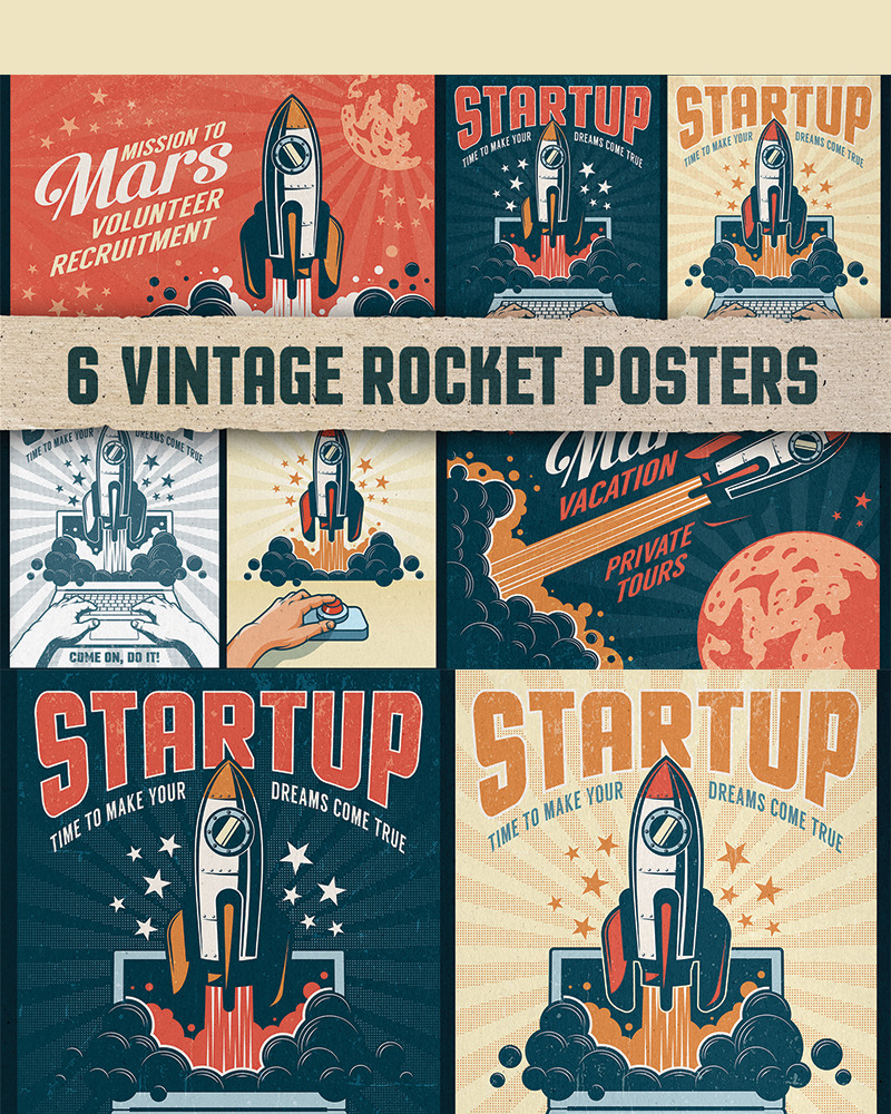 6 Vintage Rocket Posters - Illustration - TemplateMonster