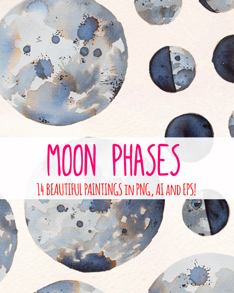 14 Watercolor Moon Phases - Illustration - TemplateMonster