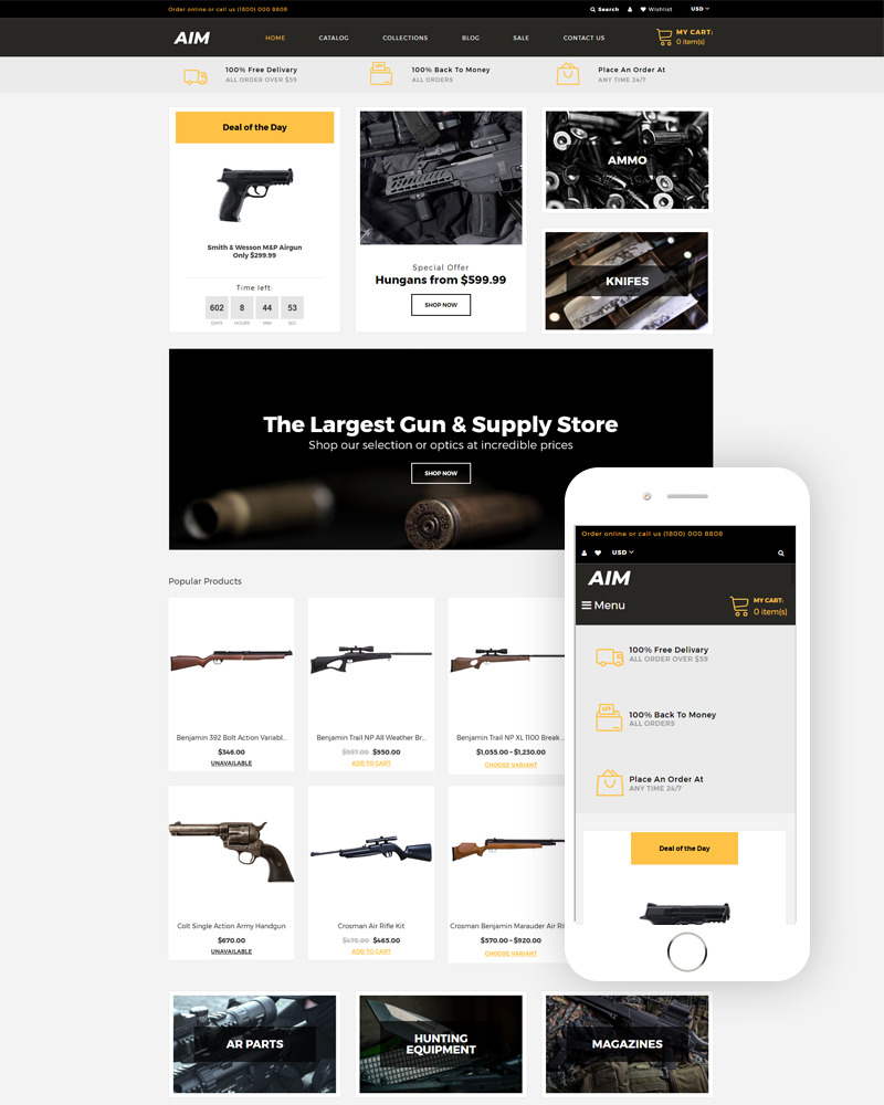 AIM - Weapon Store Modern Shopify Theme - TemplateMonster