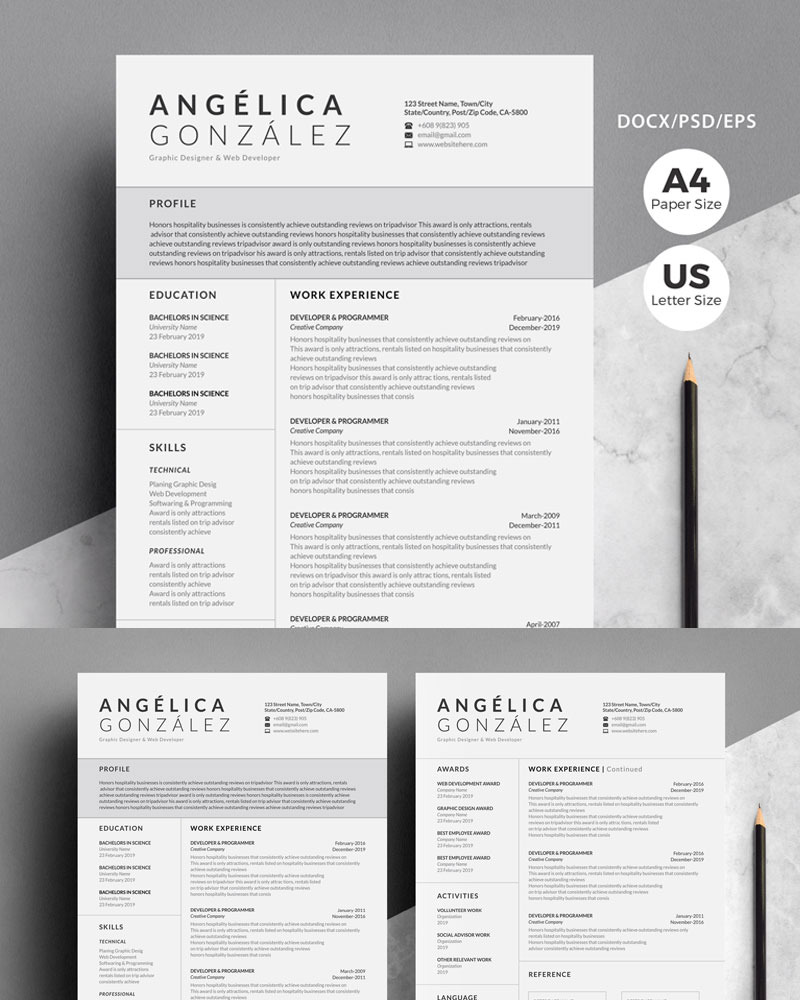 Angelica Professional/Cv 4 Pages Pack Resume Template