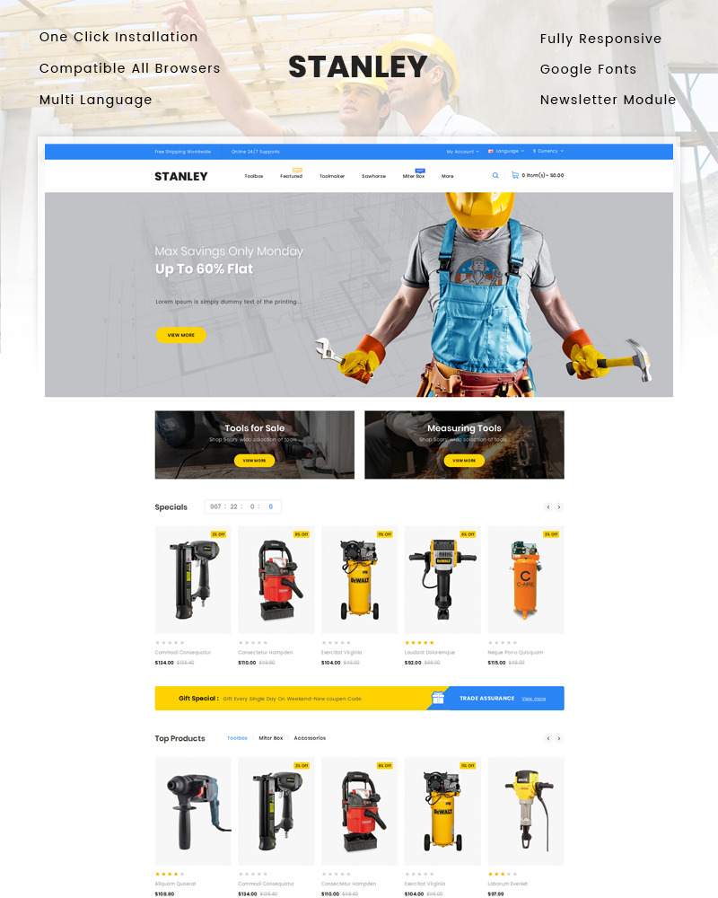 Stanley - Tools Hardware Store OpenCart Template #85107