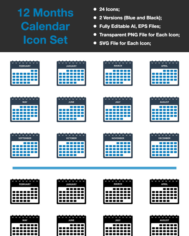 12 Months Calendar Icon Set #88533 - TemplateMonster