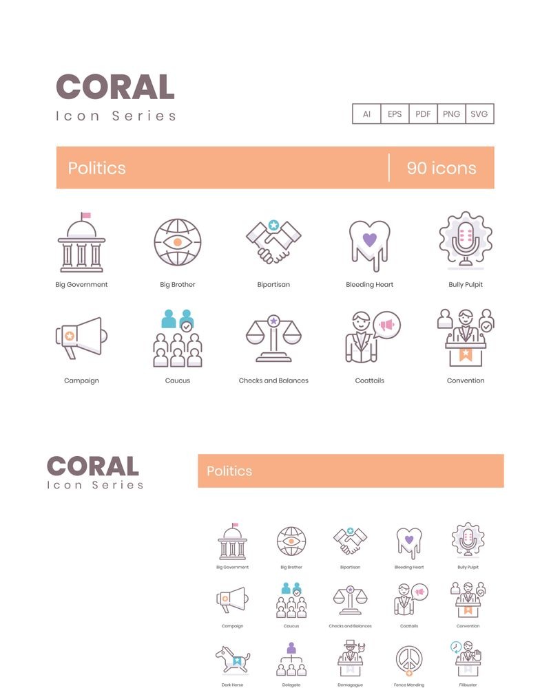 90 Politics Icons - Coral Series Set - TemplateMonster