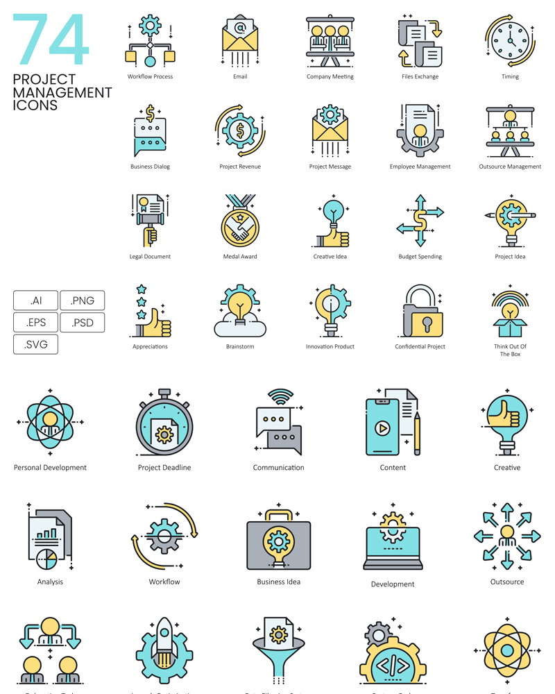 74 Project Management Icons - Aqua Series Set