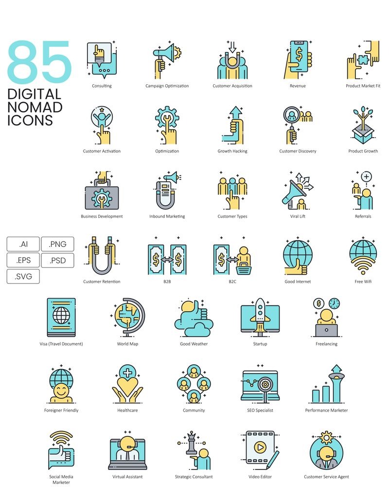 85 Digital Nomad Icons - Aqua Series Set - TemplateMonster