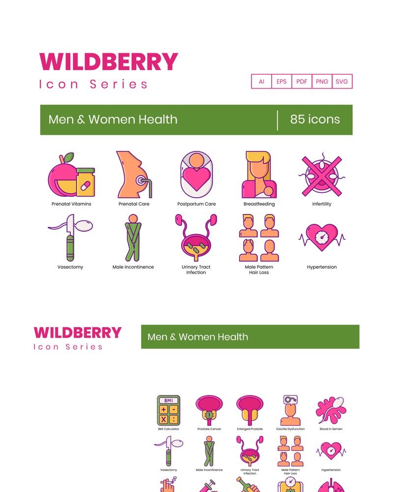 85 Men and Women Health Icons - Wildberry Series Set