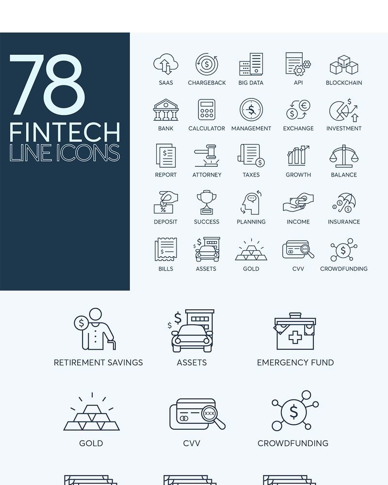 78 Fintech Line Icons Set #89856 - TemplateMonster