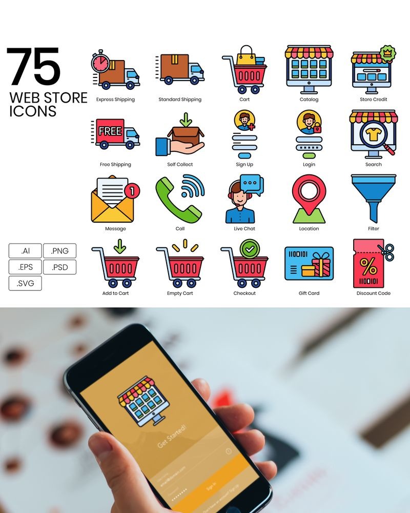 75 Web Store Icons - Vivid Series Set - TemplateMonster