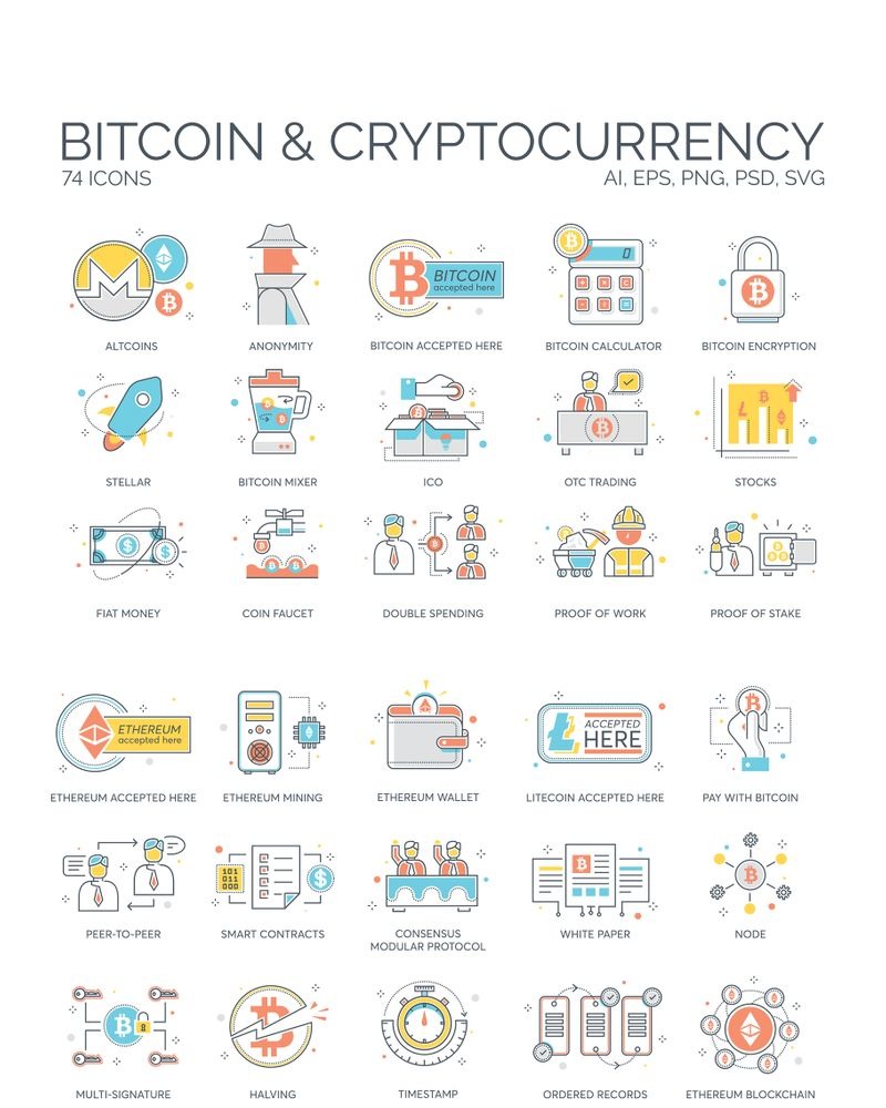 74 Cryptocurrency Icons - ColorLine Series Set
