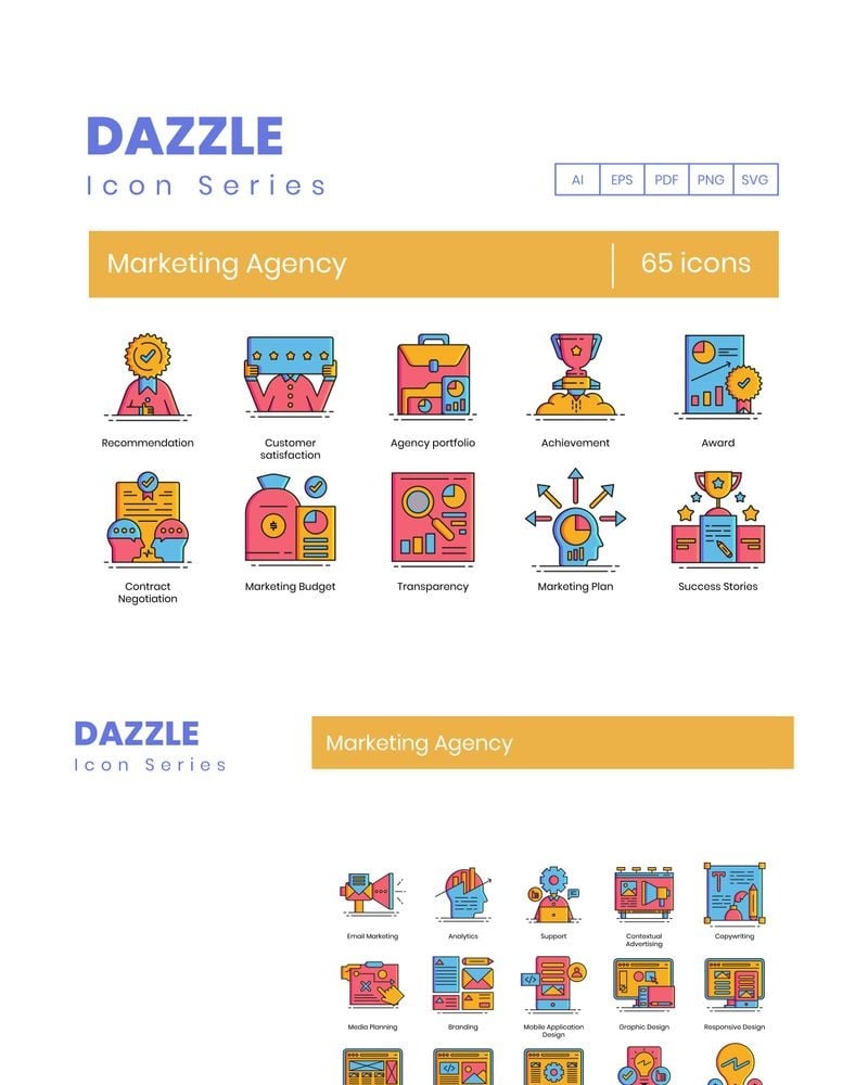 65 Marketing Agency Icons - Dazzle Series Set