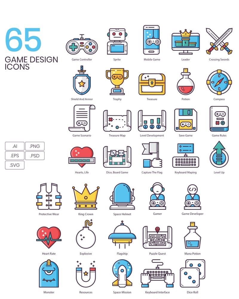 65 Game Design Icons - Groovy Series Set - TemplateMonster