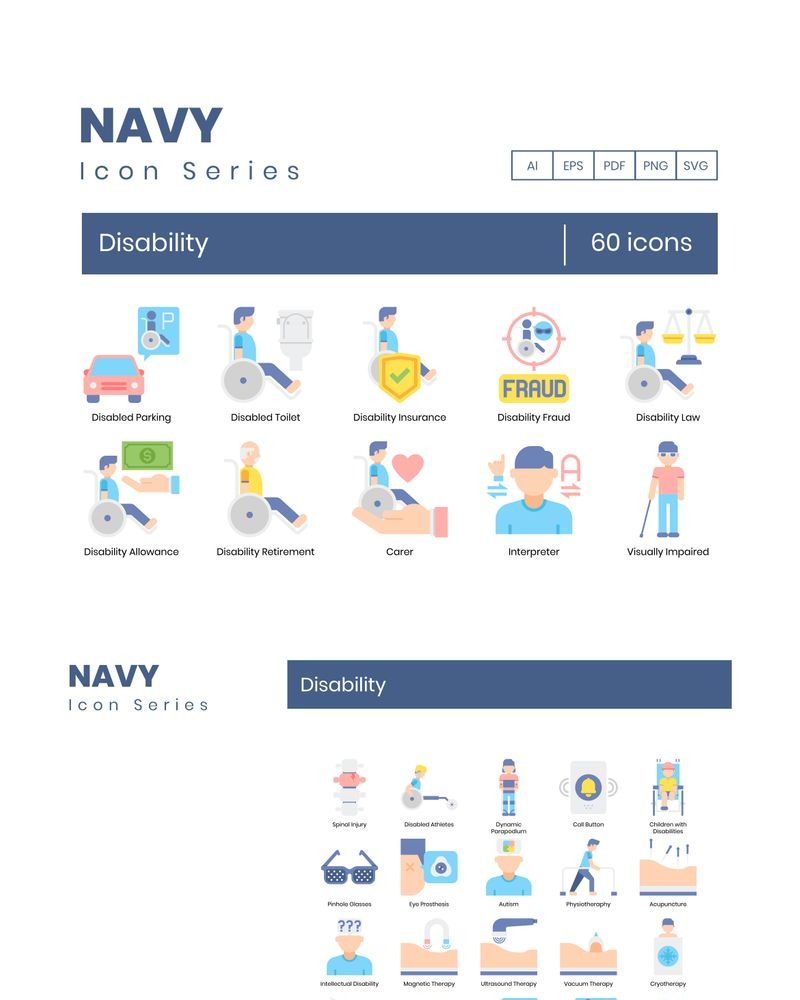 60 Disability Icons - Navy Series Set - TemplateMonster
