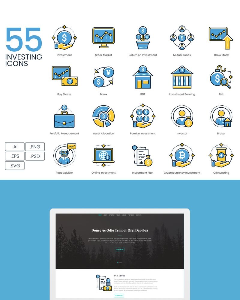 55 Investing Icons - Kinetic Series Set - TemplateMonster