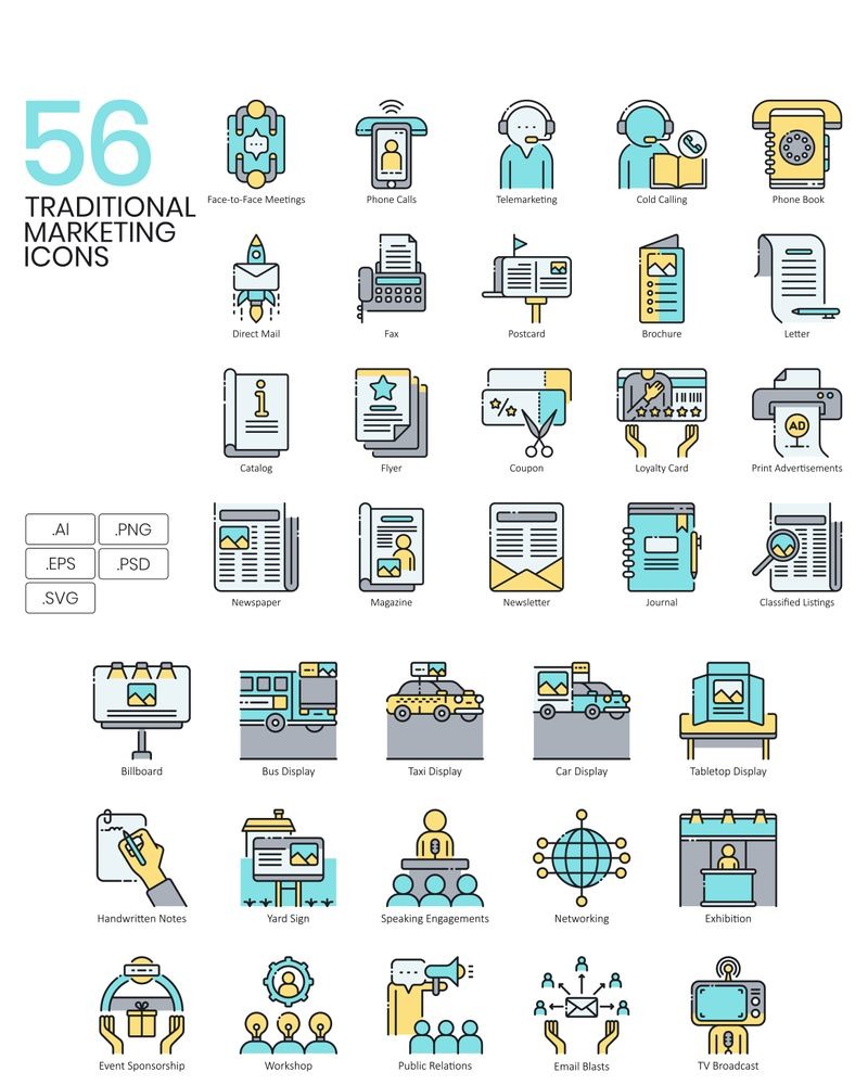 56 Traditional Marketing Icons - Aqua Series Set