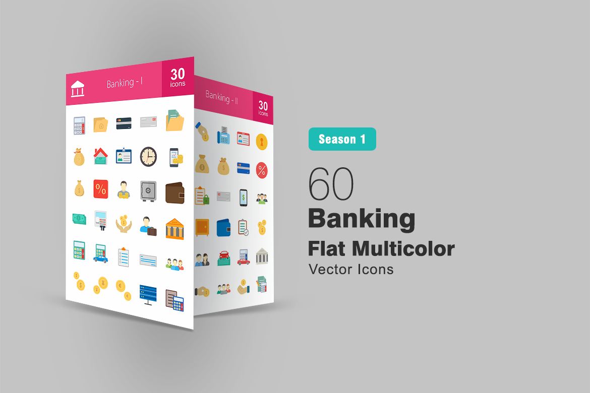60 Banking Flat Multicolor Icon Set #90587 - TemplateMonster