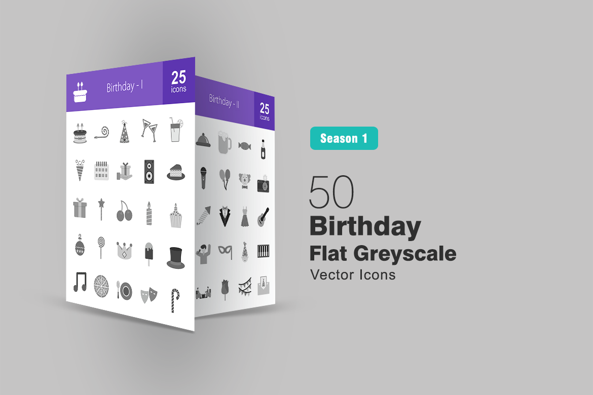50 Birthday Flat Greyscale Icon Set #90664 - TemplateMonster