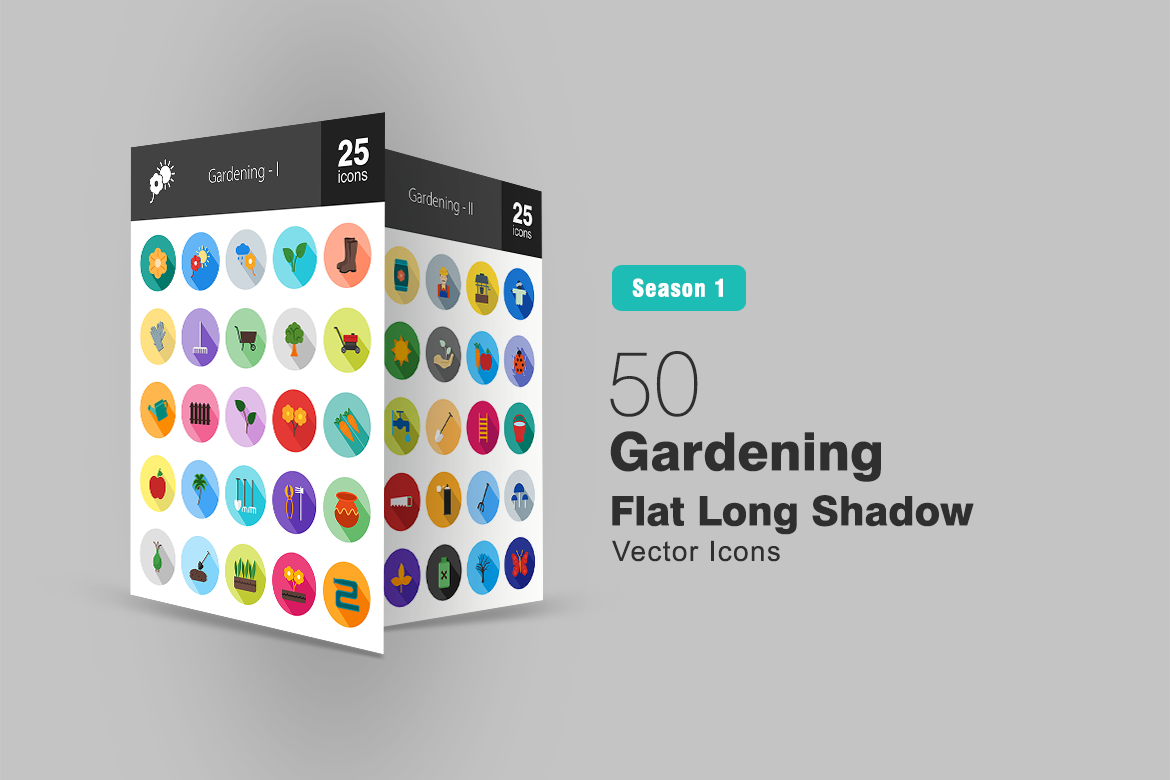 50 Gardening Flat Long Shadow Icon Set - TemplateMonster