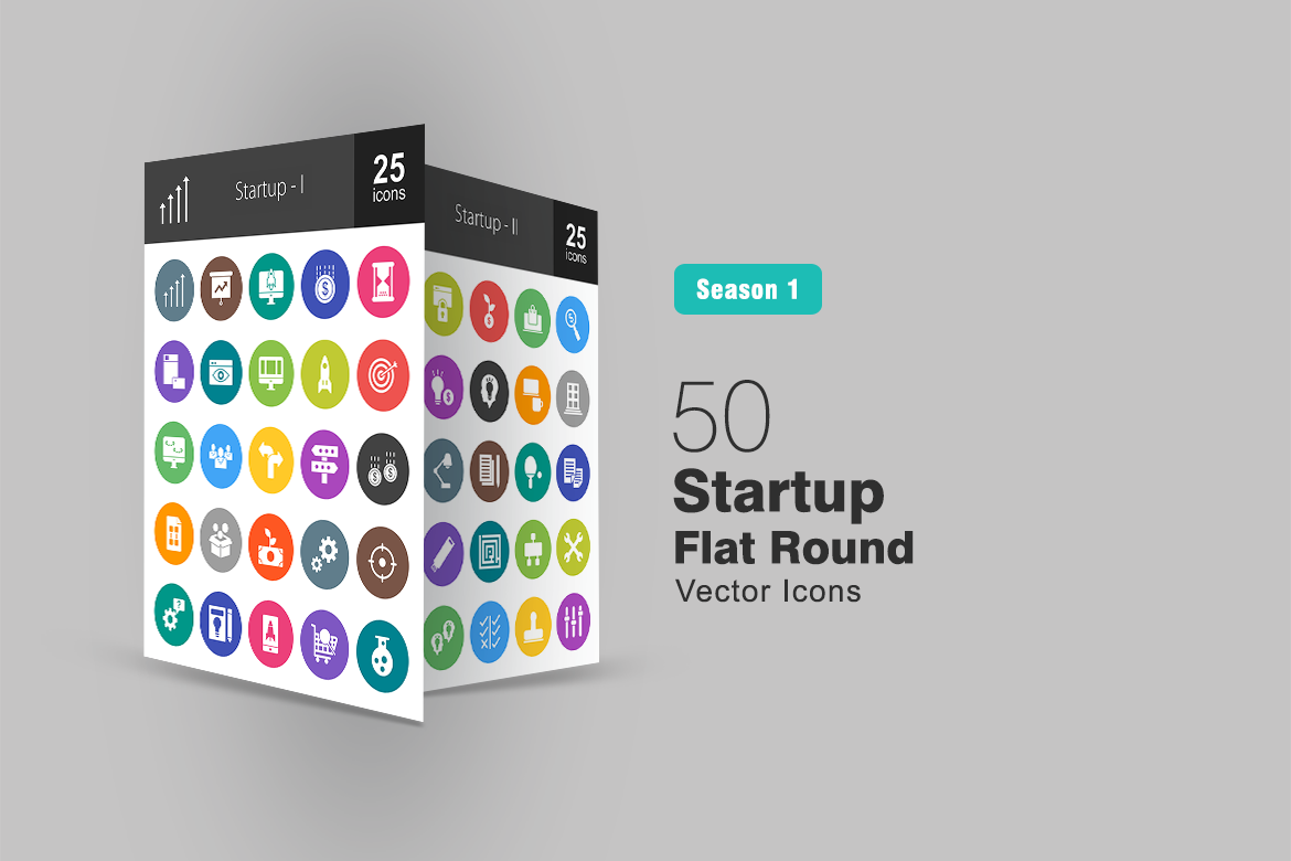 50 Startup Flat Round Icon Set #90931 - TemplateMonster