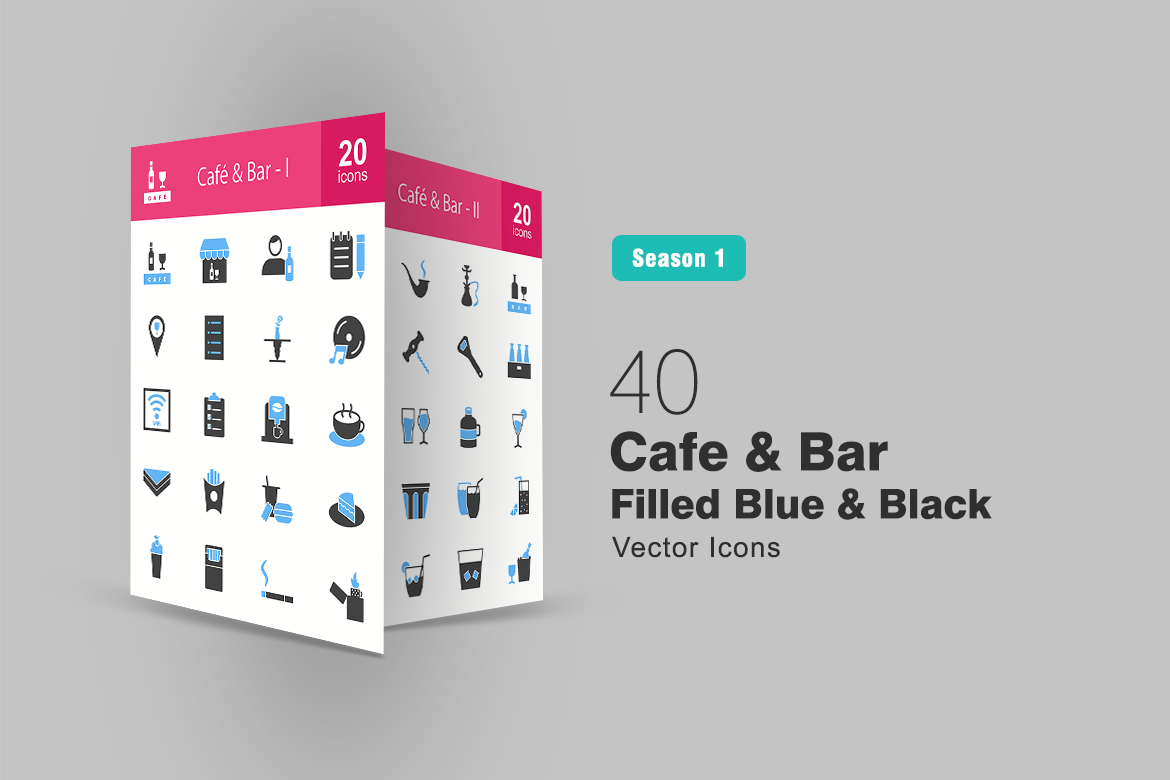 40 Cafe & Bar Filled Blue & Black Icon Set - TemplateMonster