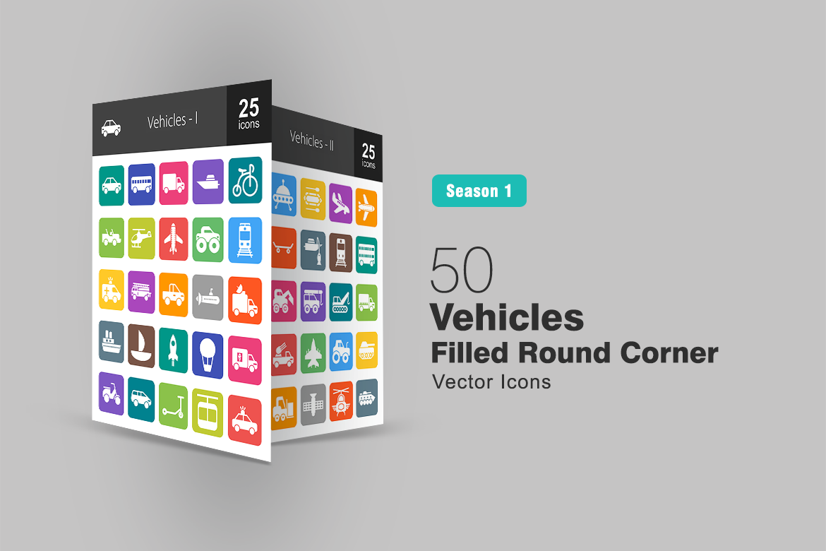 50 Vehicles Filled Round Corner Icon Set - TemplateMonster