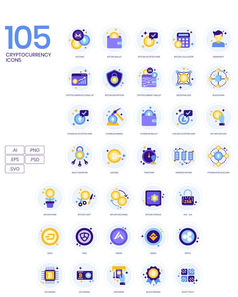 105 Cryptocurrency Icons - Lavender Series Set