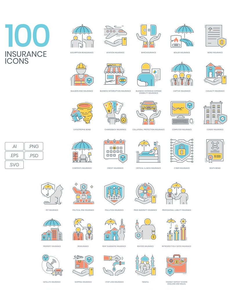 100 Insurance Icons - ColorLine Series Set - TemplateMonster