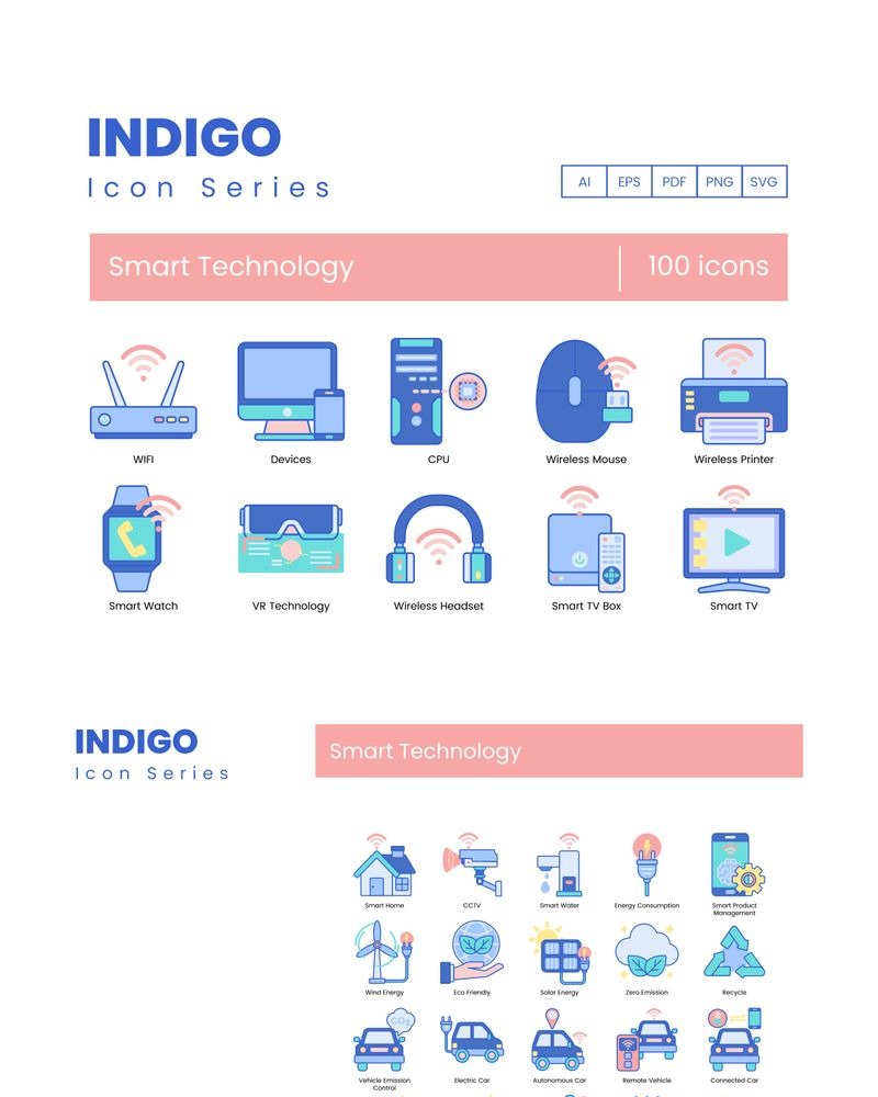 100 Smart Technology Icons - Indigo Series Set