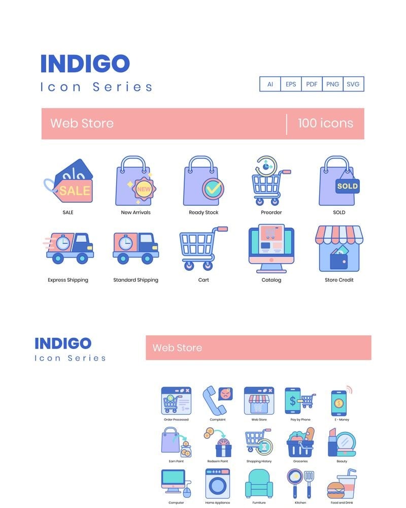 100 Web Store Icons - Indigo Series Set - TemplateMonster