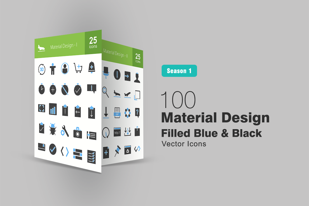 100 Material Design Filled Blue & Black Icon Set