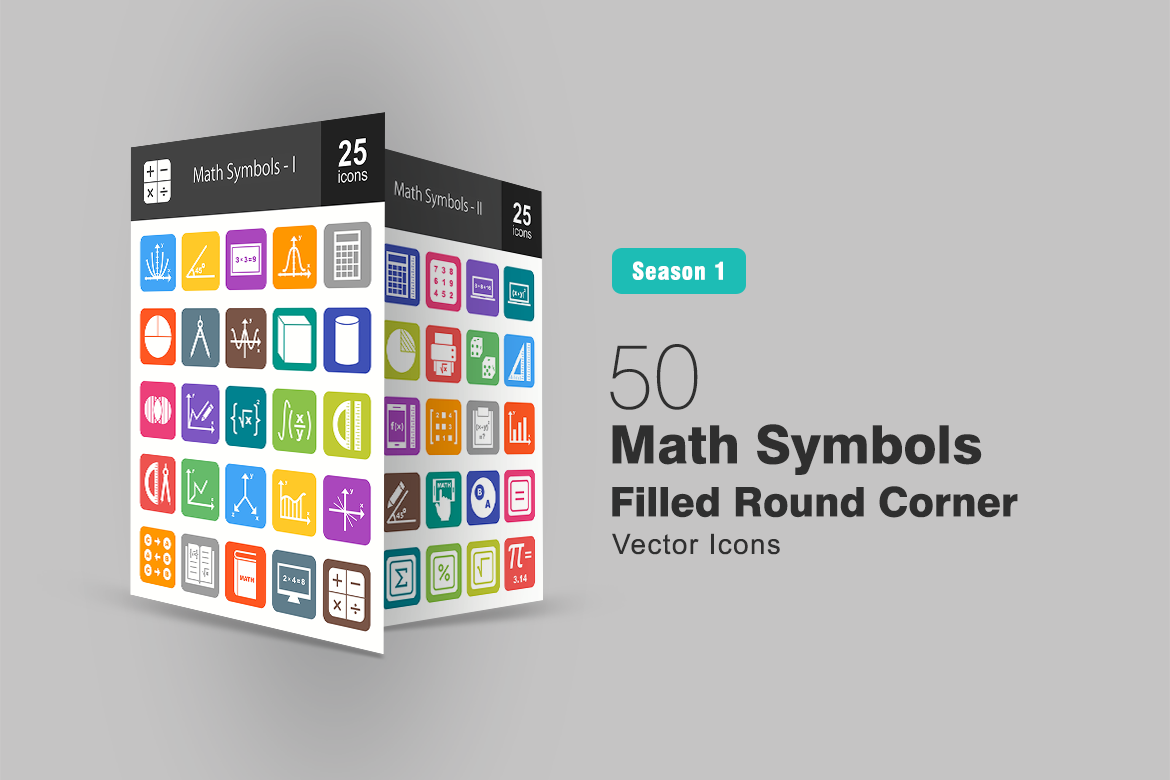 50 Math Symbols Filled Round Corner Icon Set