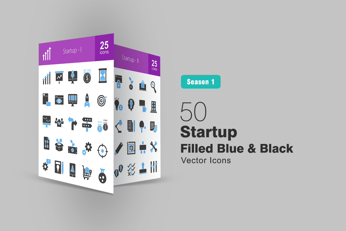 50 Startup Filled Blue & Black Icon Set - TemplateMonster