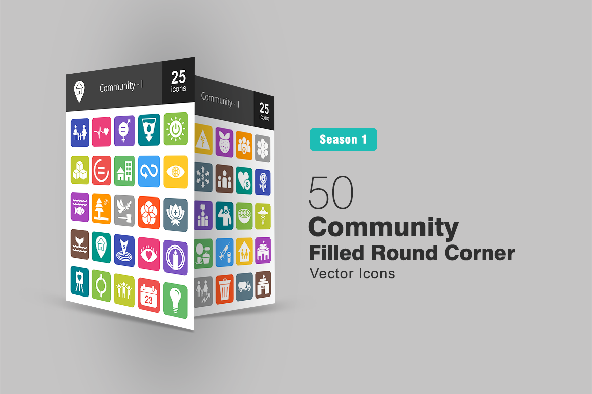 50 Community Filled Round Corner Icon Set - TemplateMonster