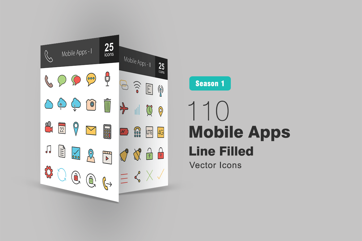 110 Mobile Apps Filled Line Icon Set - TemplateMonster
