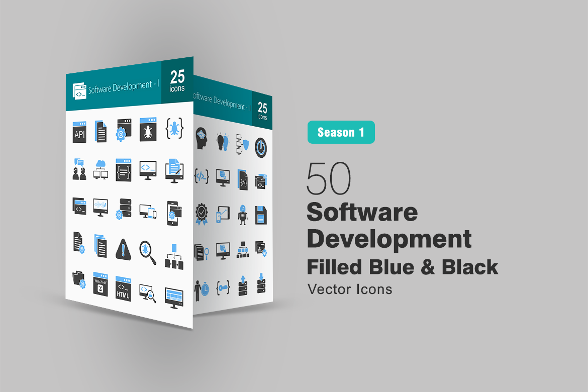 50 Software Development Filled Blue & Black Icon Set