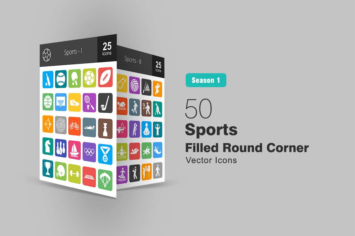 50 Sports Filled Round Corner Icon Set - TemplateMonster