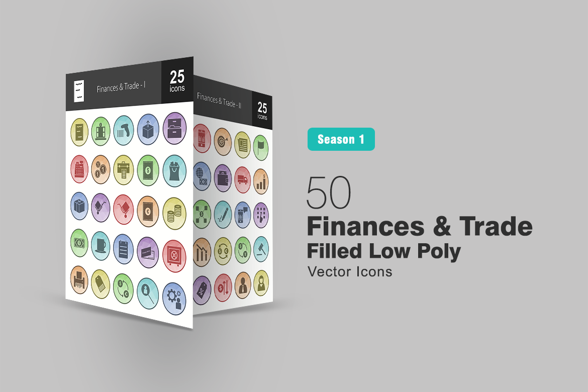 50 Finances & Trade Filled Low Poly Icon Set