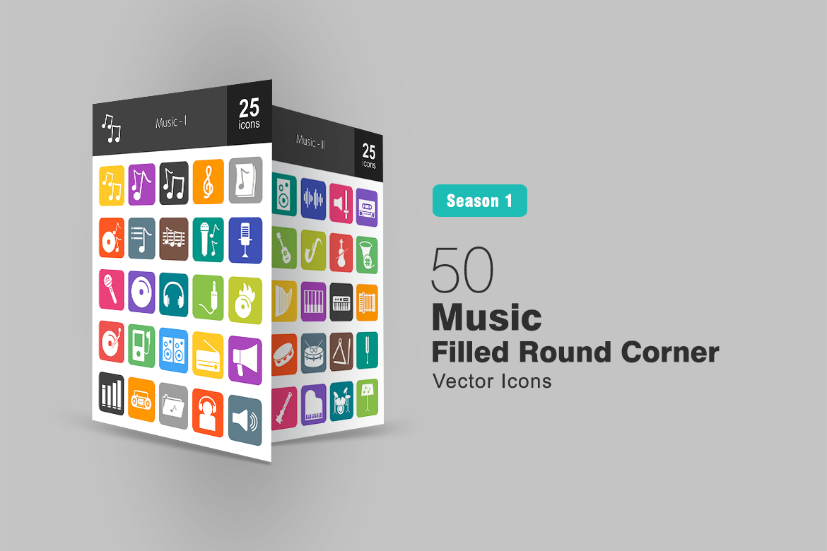 50 Music Filled Round Corner Icon Set - TemplateMonster