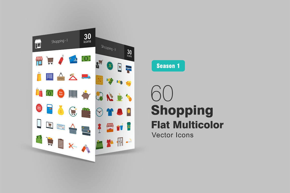 60 Shopping Flat Multicolor Icon Set - TemplateMonster