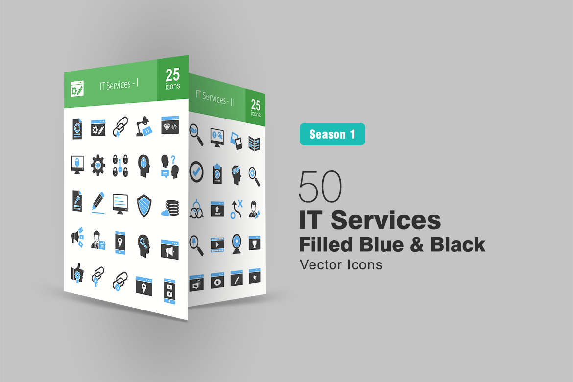 50 IT Services Filled Blue & Black Icon Set - TemplateMonster