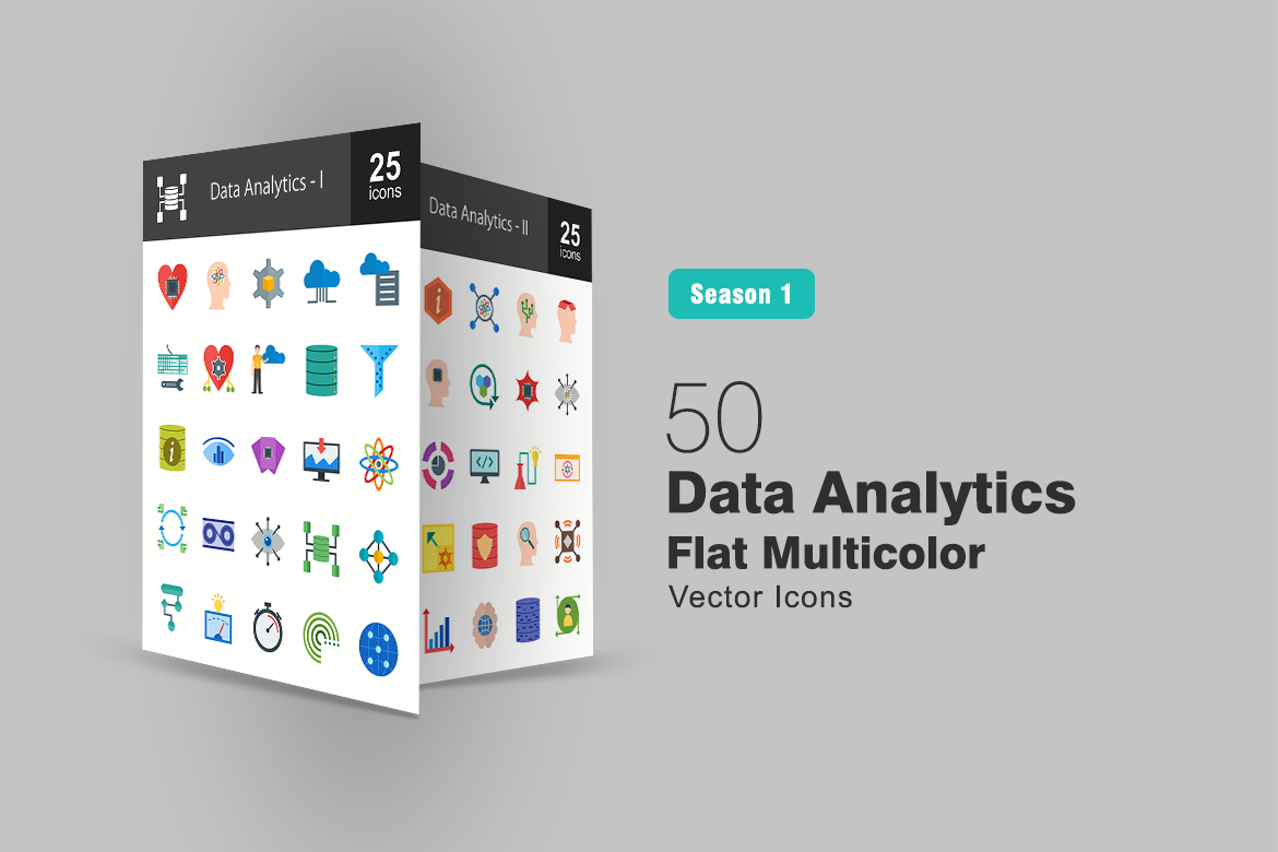 50 Data Analytics Flat Multicolor Icon Set - TemplateMonster