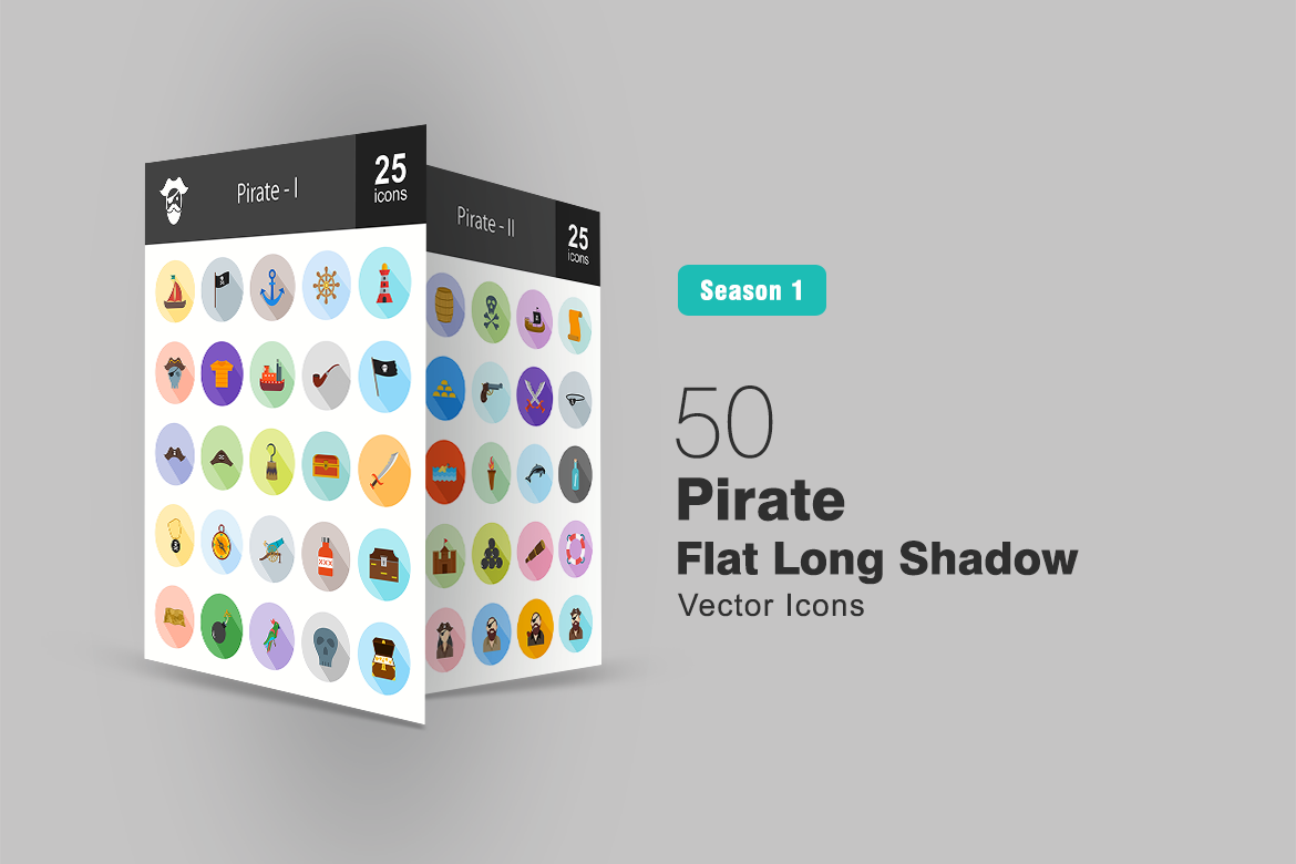 50 Pirate Flat Long Shadow Icon Set #93605 - TemplateMonster
