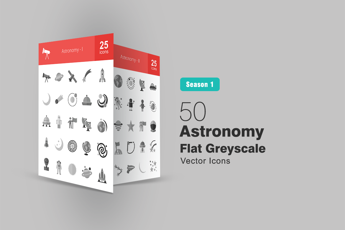 50 Astronomy Flat Greyscale Icon Set - TemplateMonster