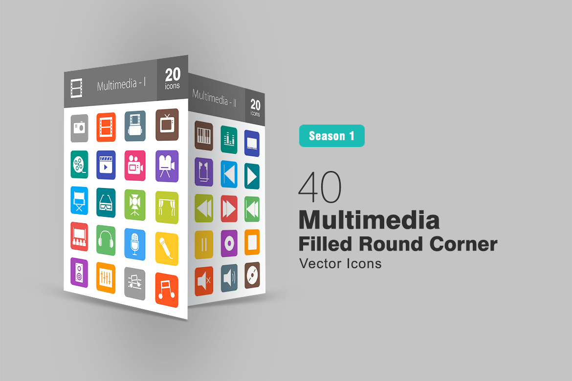 40 Multimedia Filled Round Corner Icon Set - TemplateMonster